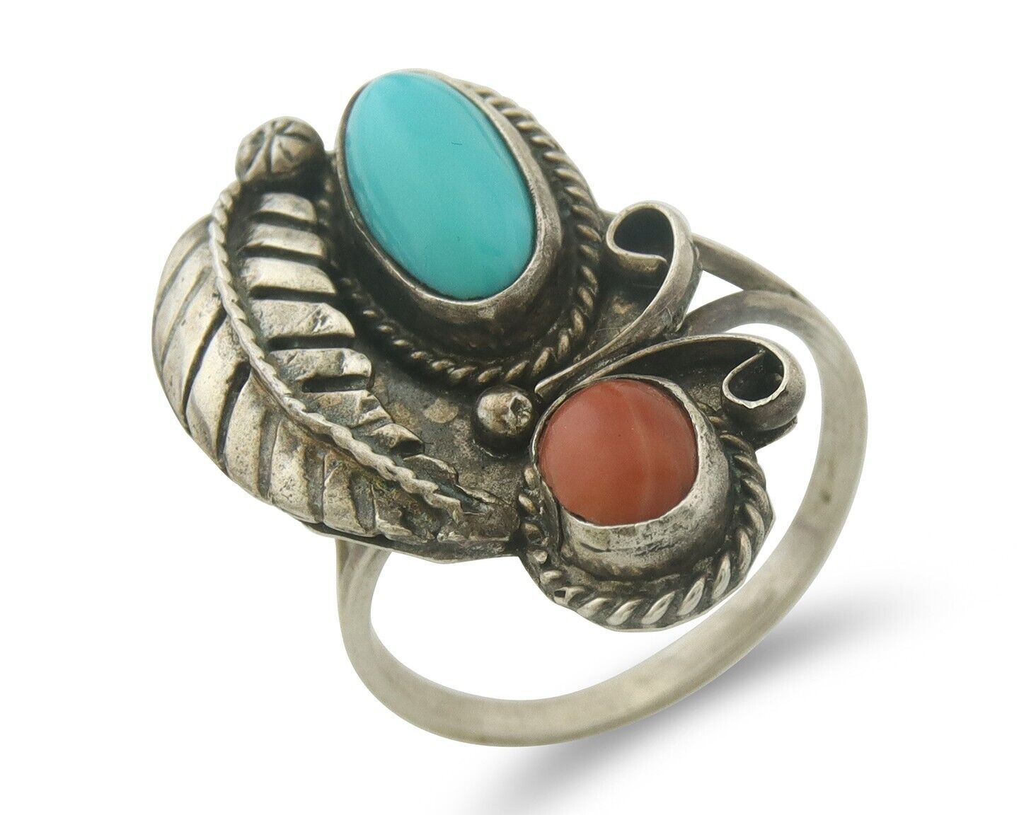Navajo Ring 925 Sterling Natural Coral & Turquoise Signed EH C.80's Si ...