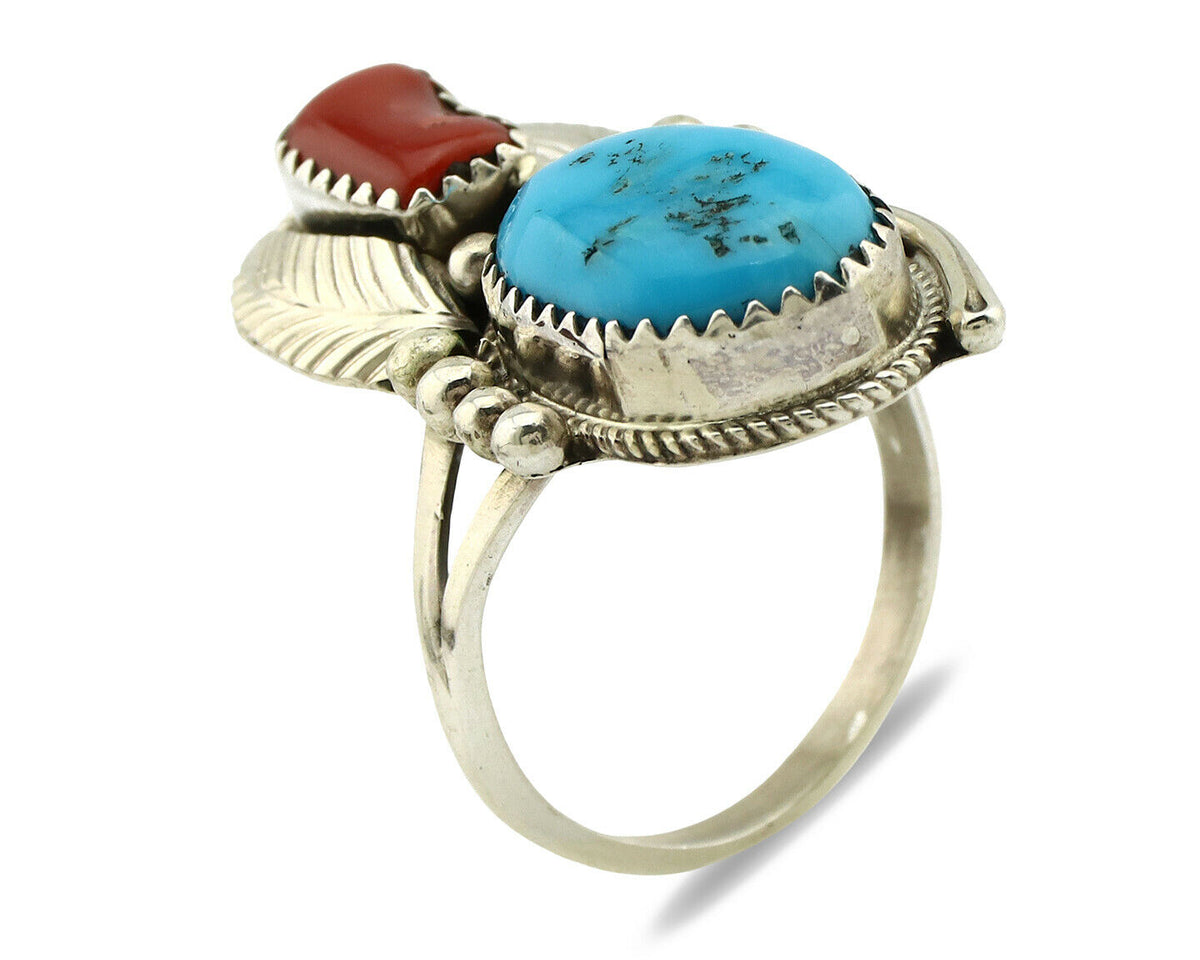 Navajo Ring .925 Silver Turquoise & Coral Artist Signed Justin Morris ...
