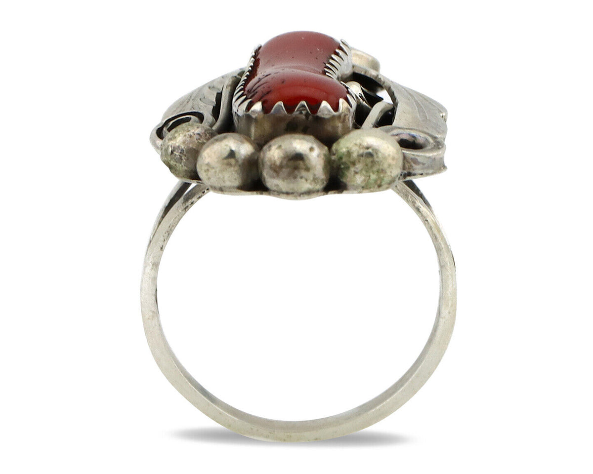 Navajo Ring 925 Silver Mediterranean Coral Artist Signed Justin Morris ...