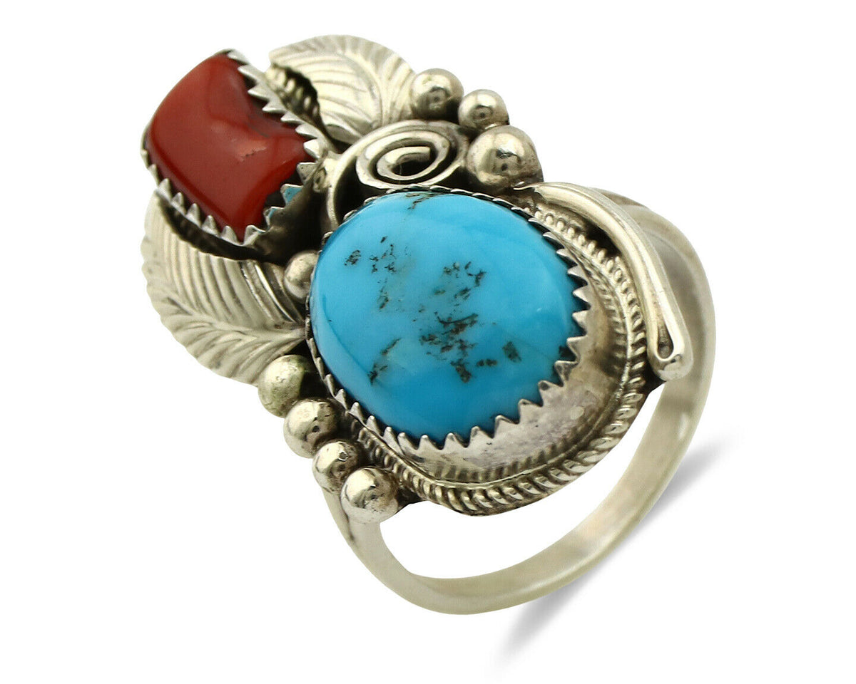 Navajo Ring .925 Silver Turquoise & Coral Artist Signed Justin Morris ...